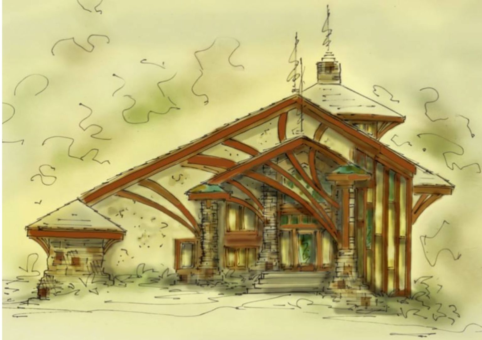 Rustic house plan with massive corbels